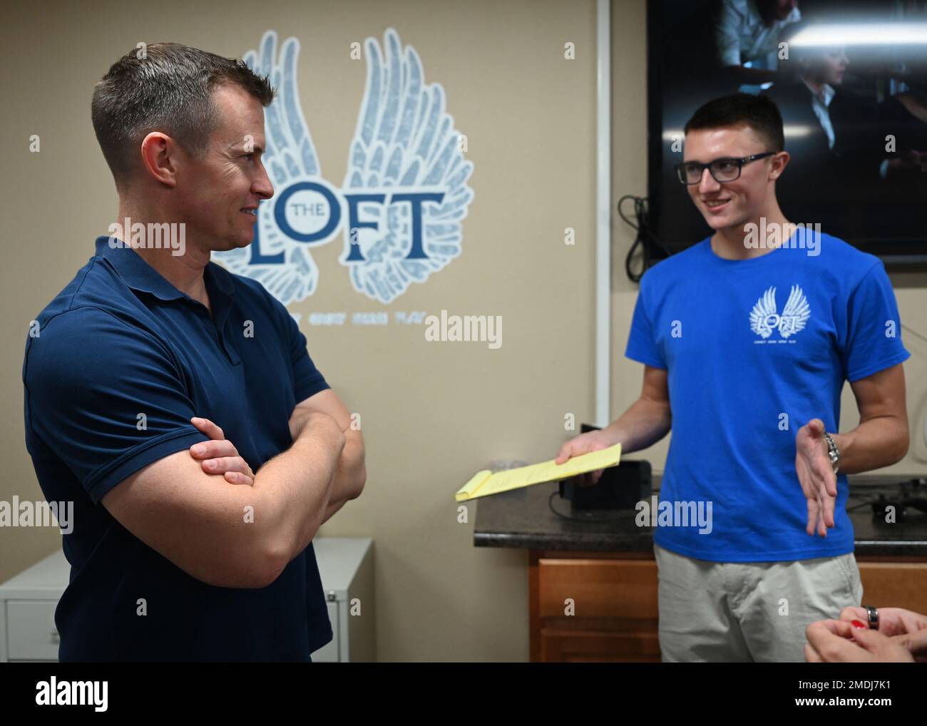 U.S. Air Force Col. Scott Mills, 355th Wing commander, talks with ...