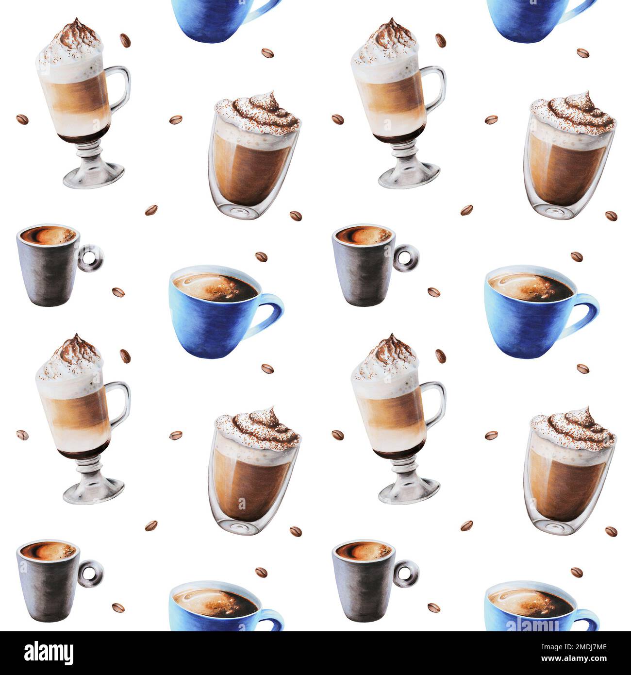 Watercolor seamless pattern with coffee cups and coffee beens. Latte ...