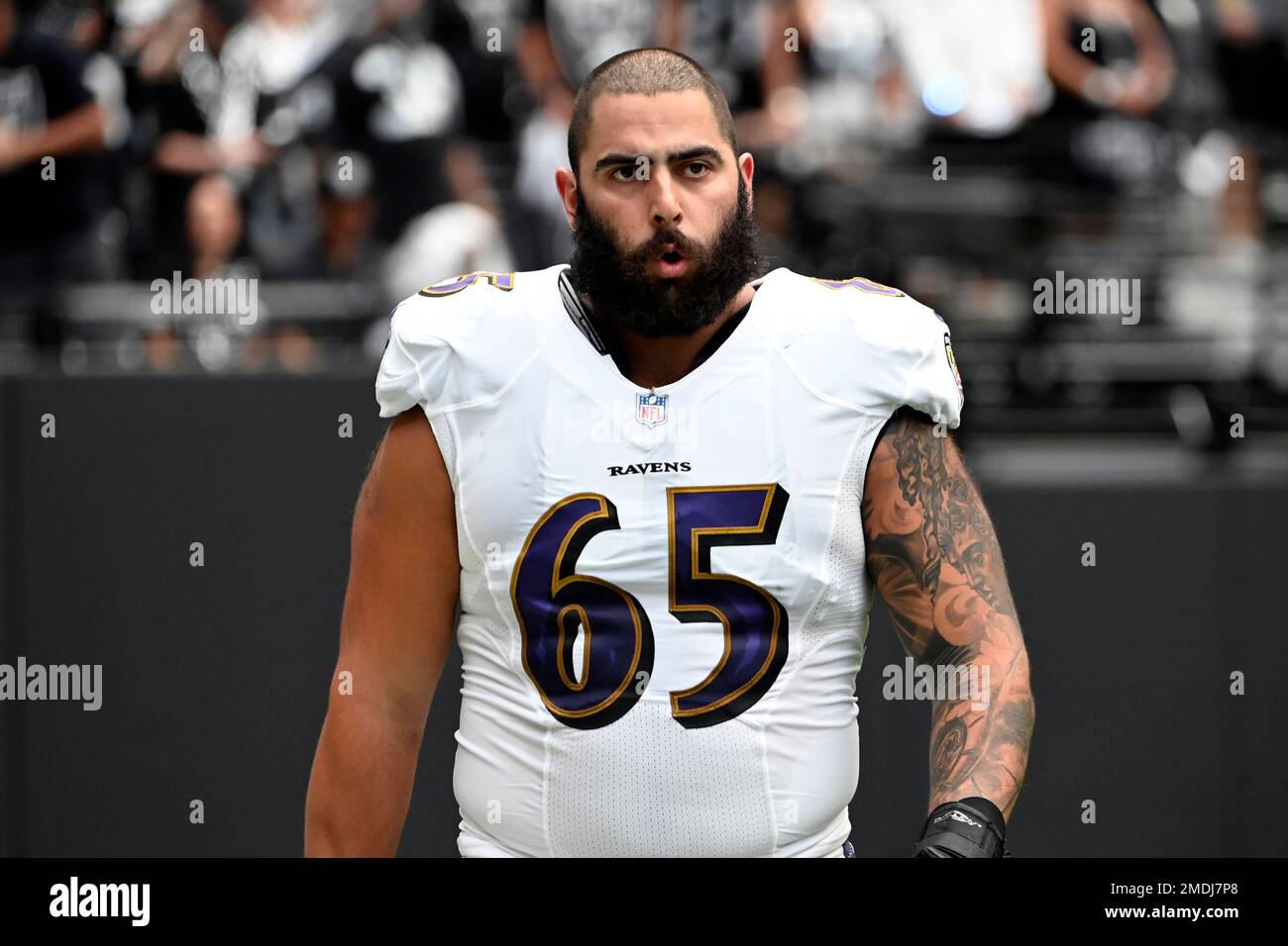 Baltimore Ravens offensive tackle Patrick Mekari looks on before an NFL ...