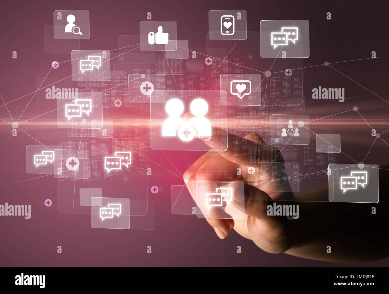 Hand pressing social media multimedia application screen with media ...