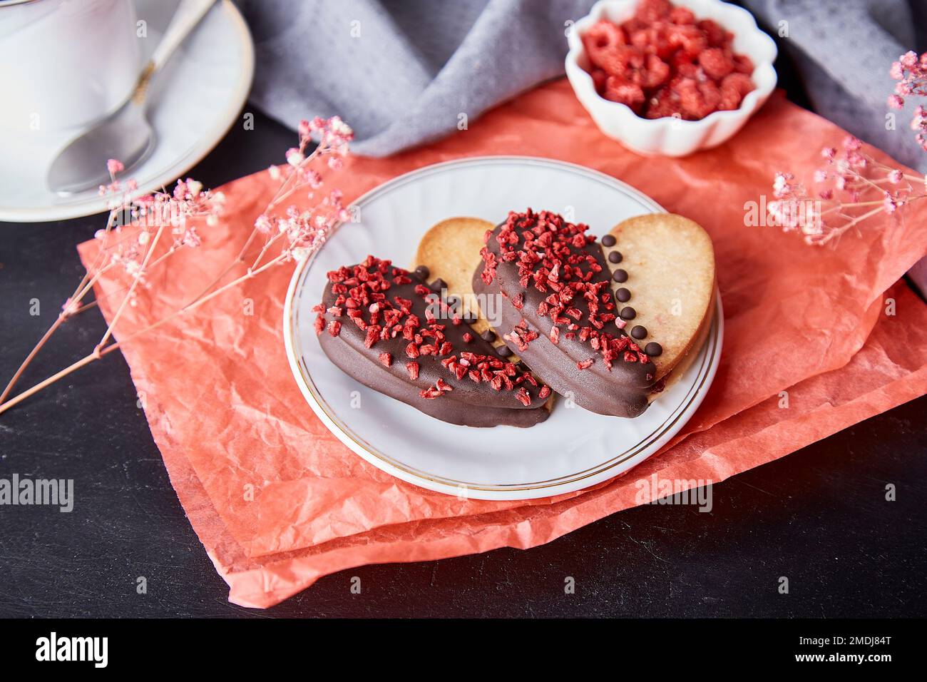Vegan cookies with raspberries in shape of heart. Aesthetic, romantic ...