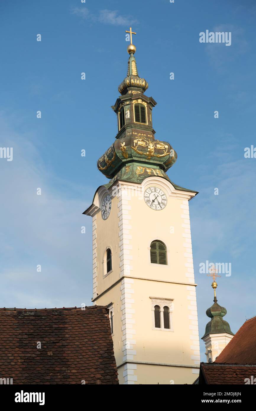 Croatia, Zagreb, the Baroque style tower of the Church of St Mary Stock ...