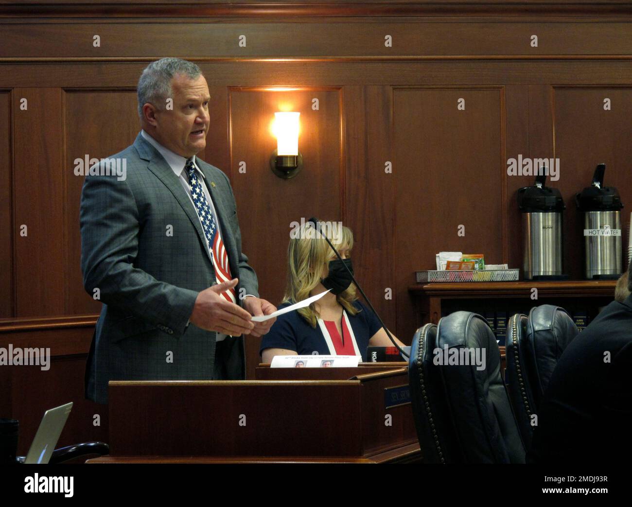 Alaska state Sen. Mike Shower speaks during Senate floor debate on the ...