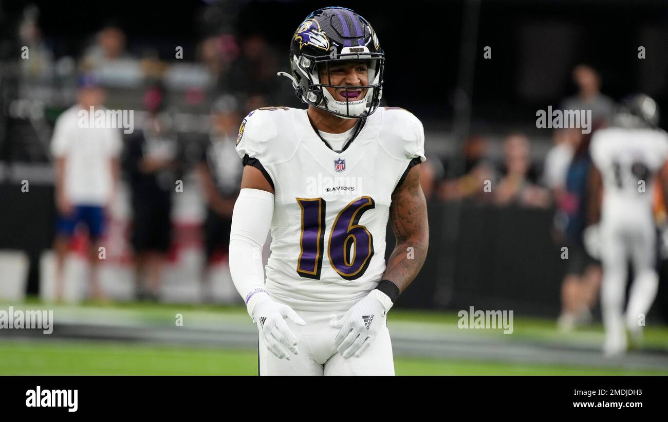Baltimore Ravens wide receiver Tylan Wallace (16) warms up before an ...