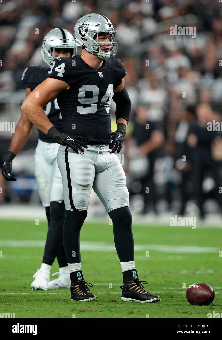Las Vegas Raiders defensive end Carl Nassib (94) lines up during the second half of an NFL ...