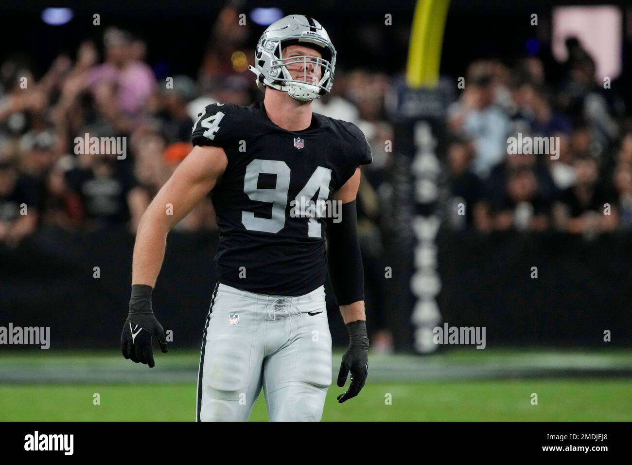 Las Vegas Raiders defensive end Carl Nassib (94) plays against the Baltimore Ravens during the ...