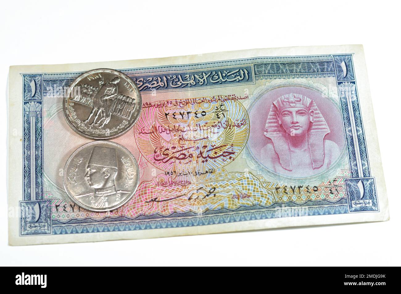 Background of old Egyptian money banknotes and coins of One Egyptian ...