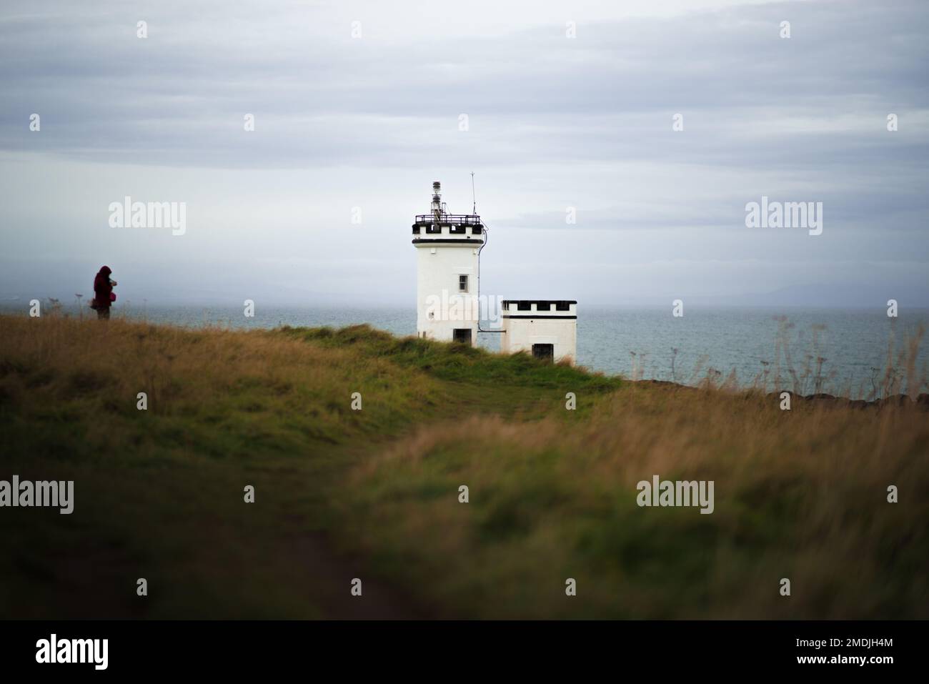 The Elie Ness Lighthouse in the green field at the shore Stock Photo ...