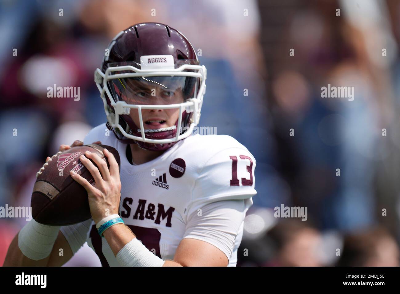 Texas A&M quarterback Haynes King (13) before the first half of an NCAA ...