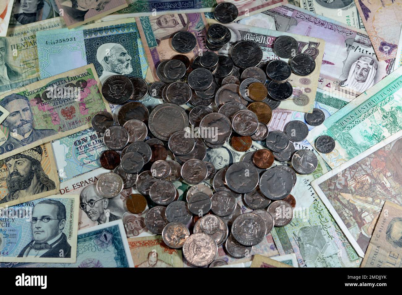 Old American coins of cents and dollars on various old cash money ...