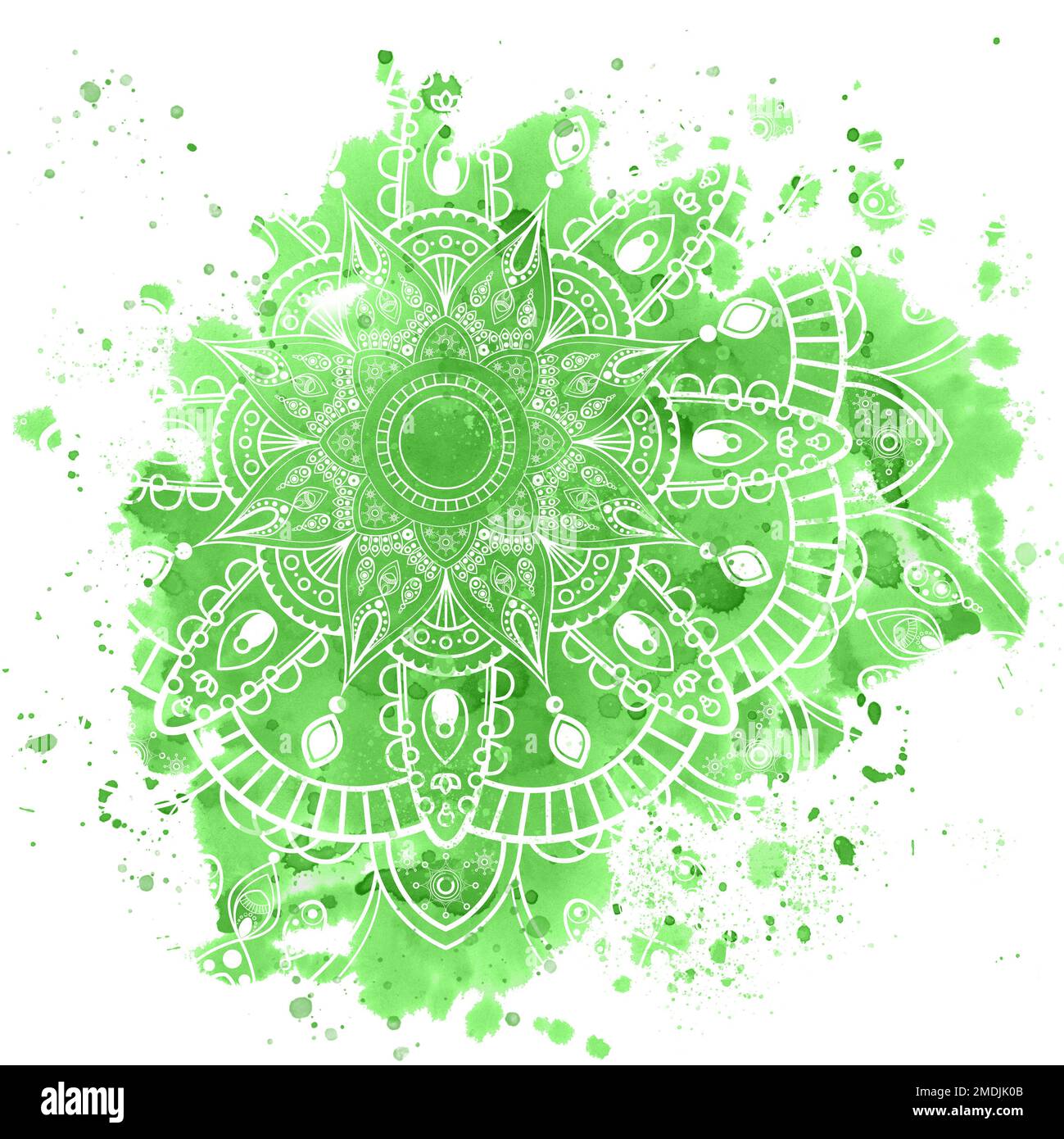 Green hand-drawn watercolor background with mandala. A part of the big ...