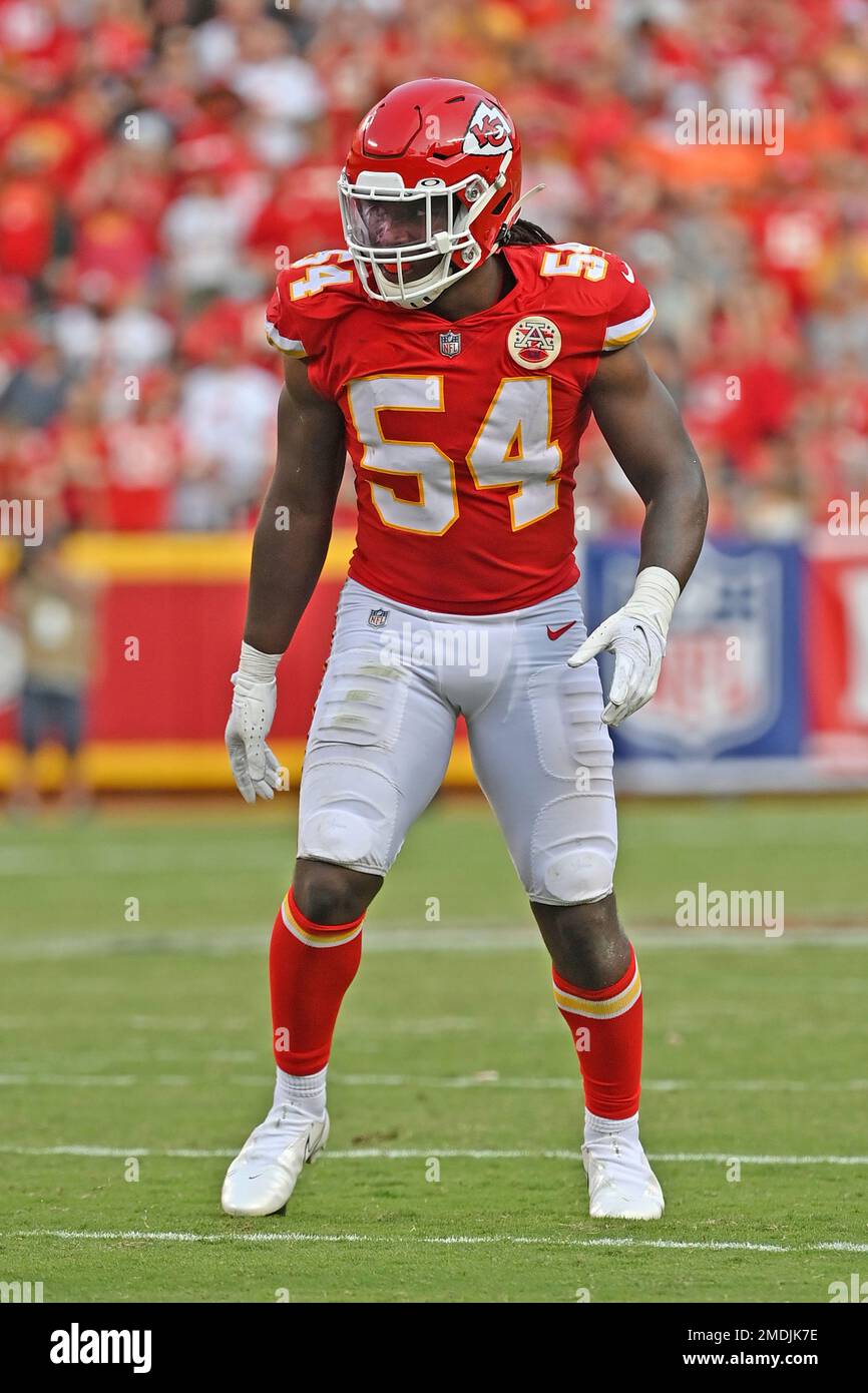 Kansas City Chiefs linebacker Nick Bolton (54) gets set at the line of ...