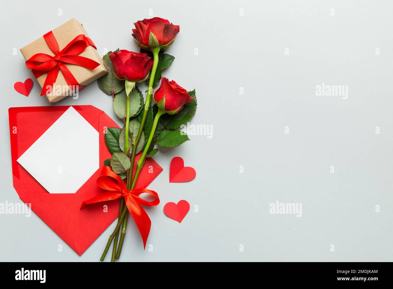 Valentine day composition with Envelope, rose flower and Red heart on ...