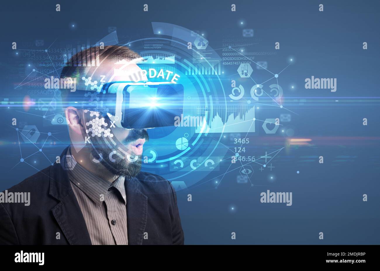 Businessman looking through VR glasses Stock Photo - Alamy