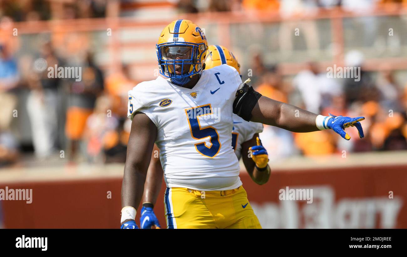 Pittsburgh defensive lineman Deslin Alexandre signals during an NCAA ...