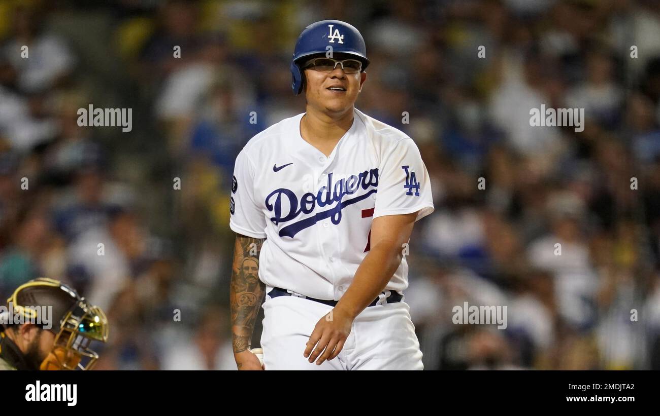 Los Angeles Dodgers' Julio Urias prepares to bat during a baseball game ...
