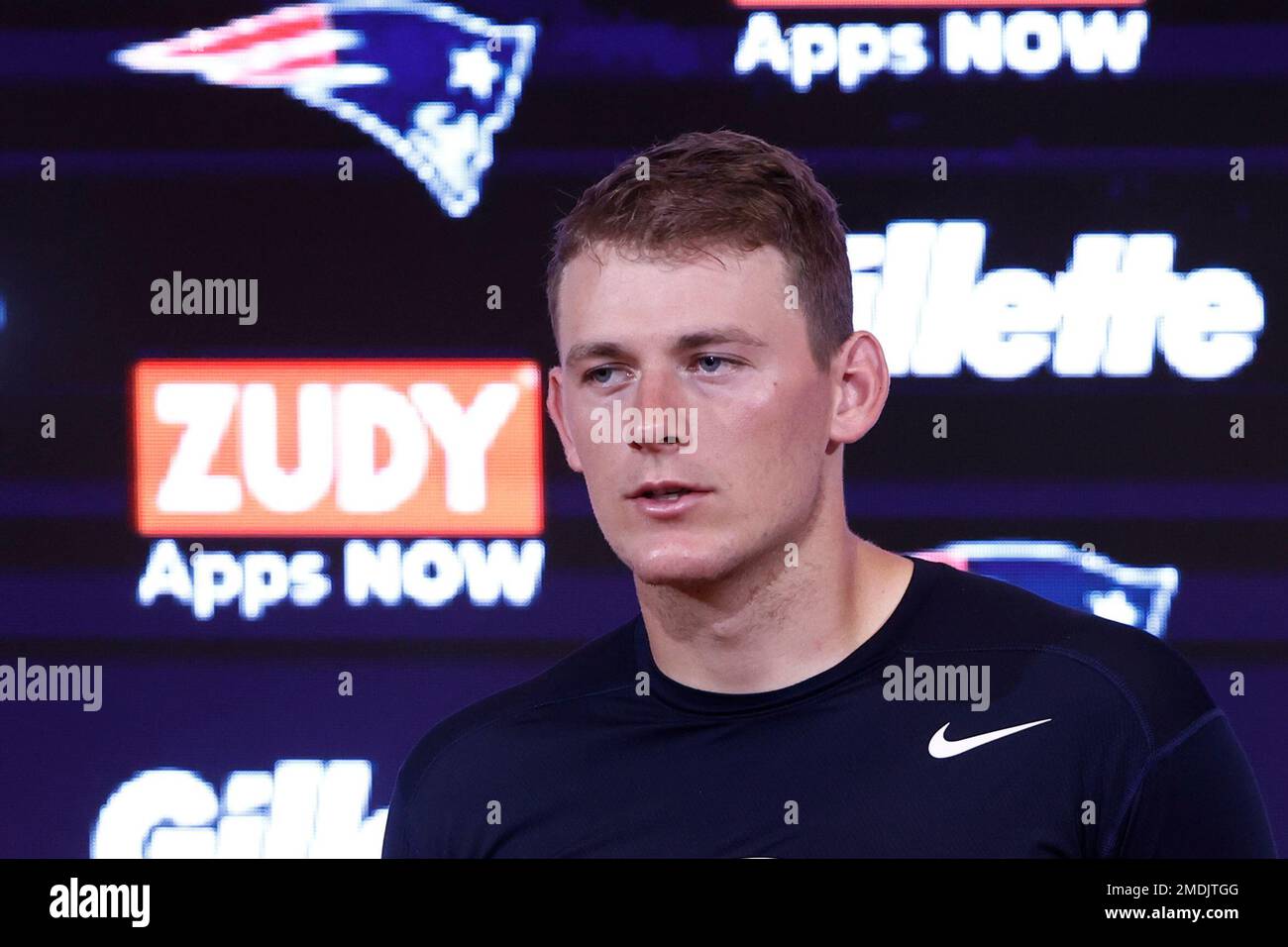 New England Patriots quarterback Mac Jones during a news conference ...