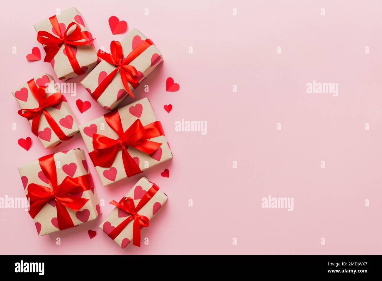 Top view photo of valentine day decorations gift box with red ribbon ...