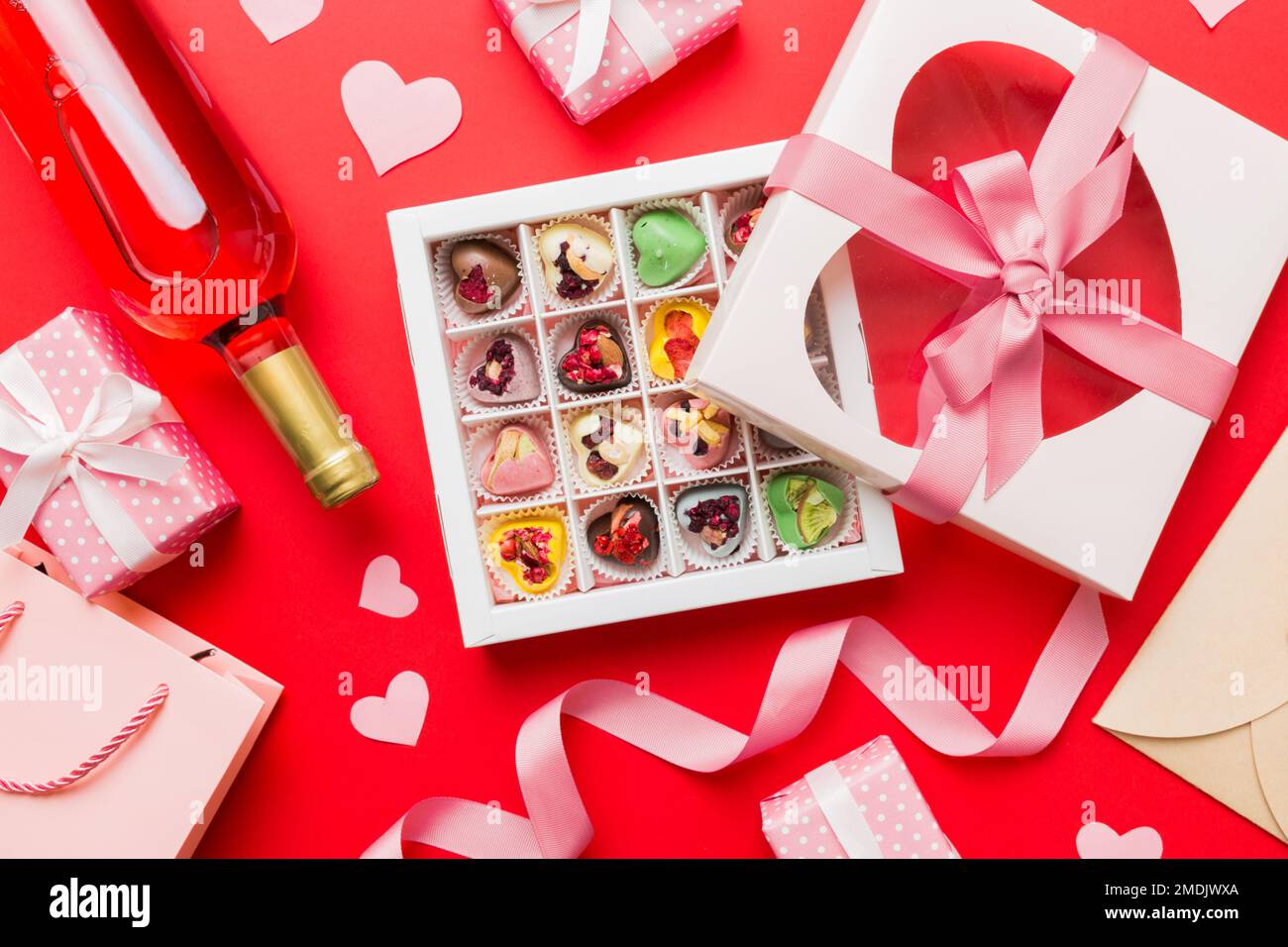 top view photo of st valentine day decor shopping, bag, wine, bottle ...