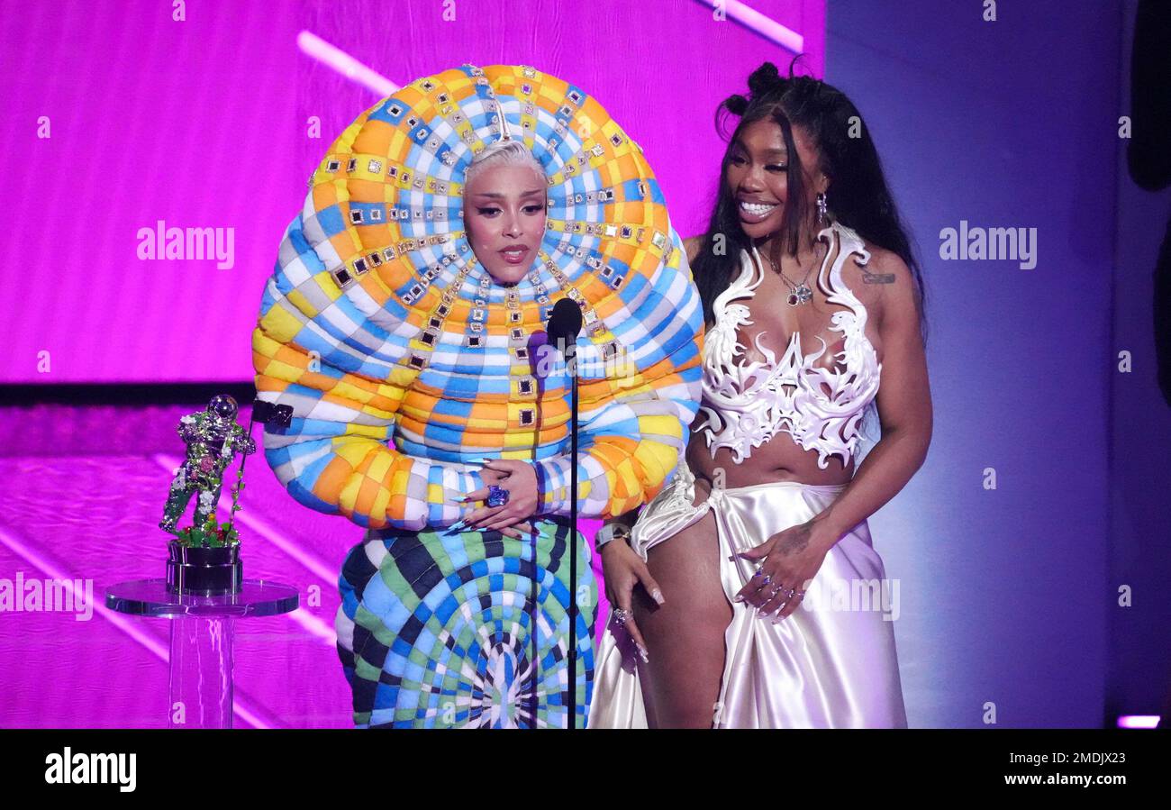 Doja Cat, left, and SZA accept the award for best collaboration for ...