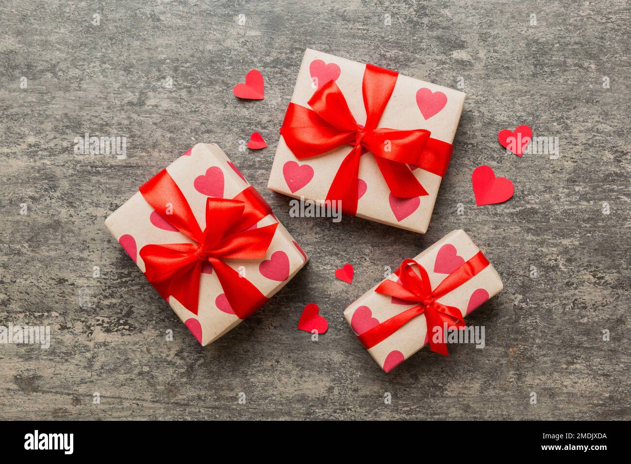 Top view photo of valentine day decorations gift box with red ribbon ...