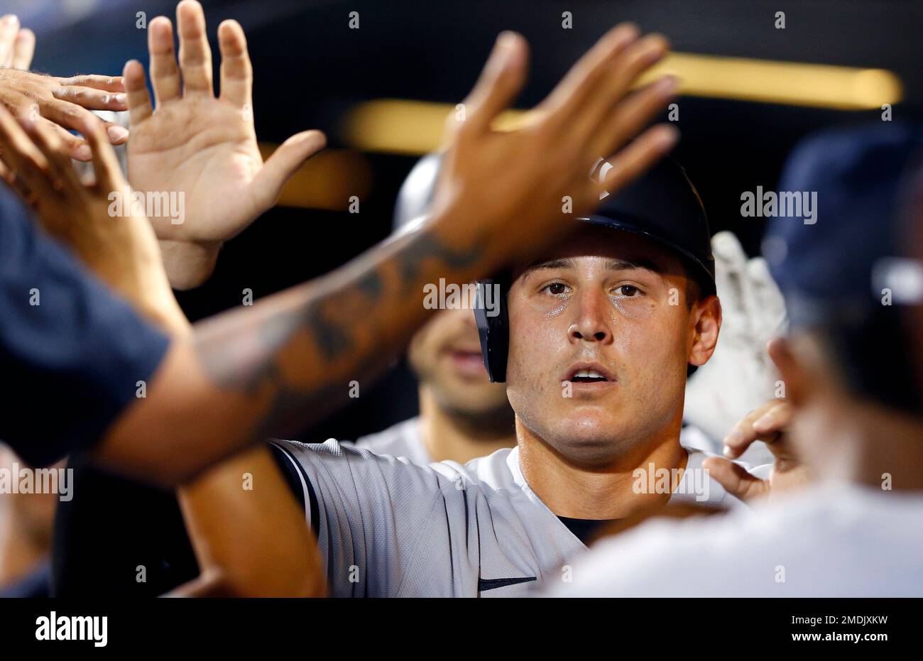 New York Yankees' Anthony Rizzo celebrates after scoring against the ...