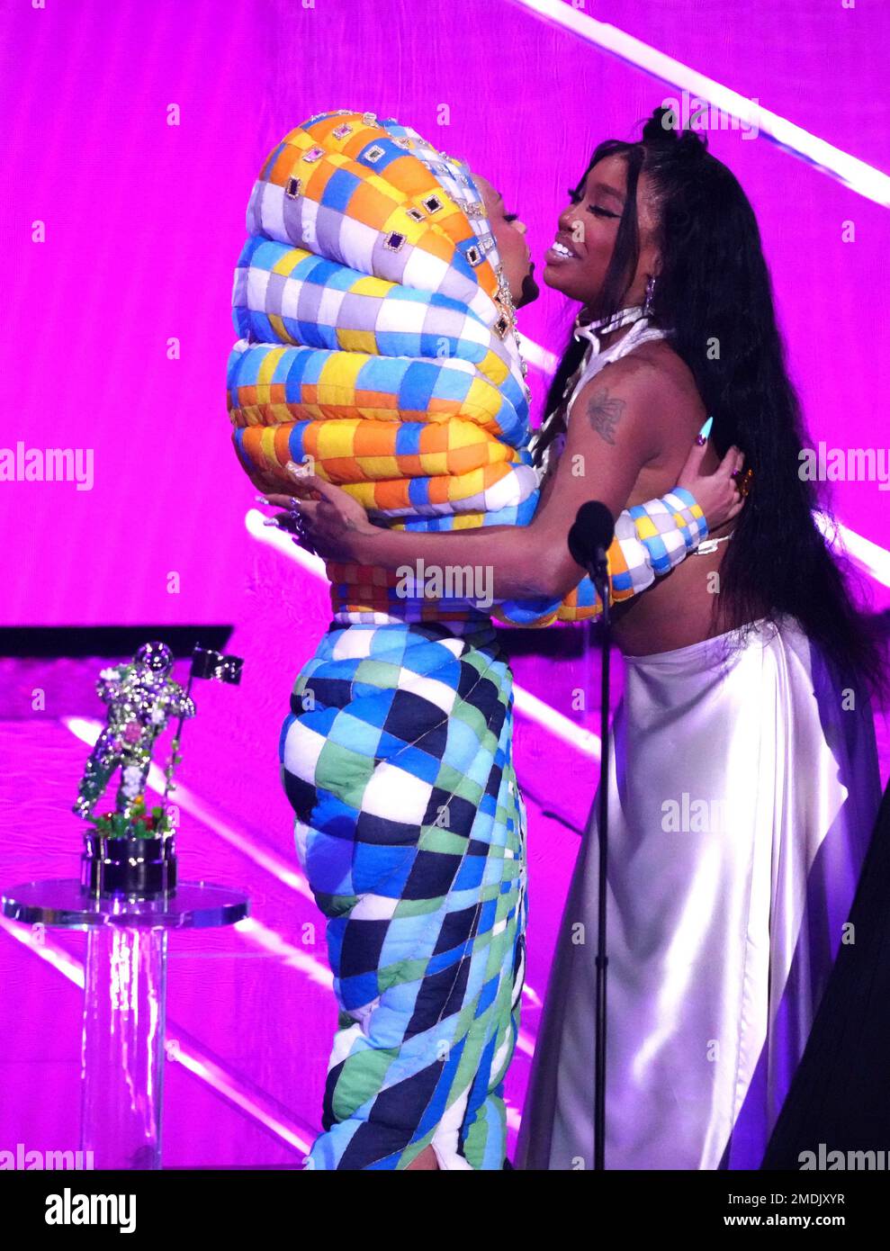 Doja Cat, left, and SZA accept the award for best collaboration for ...