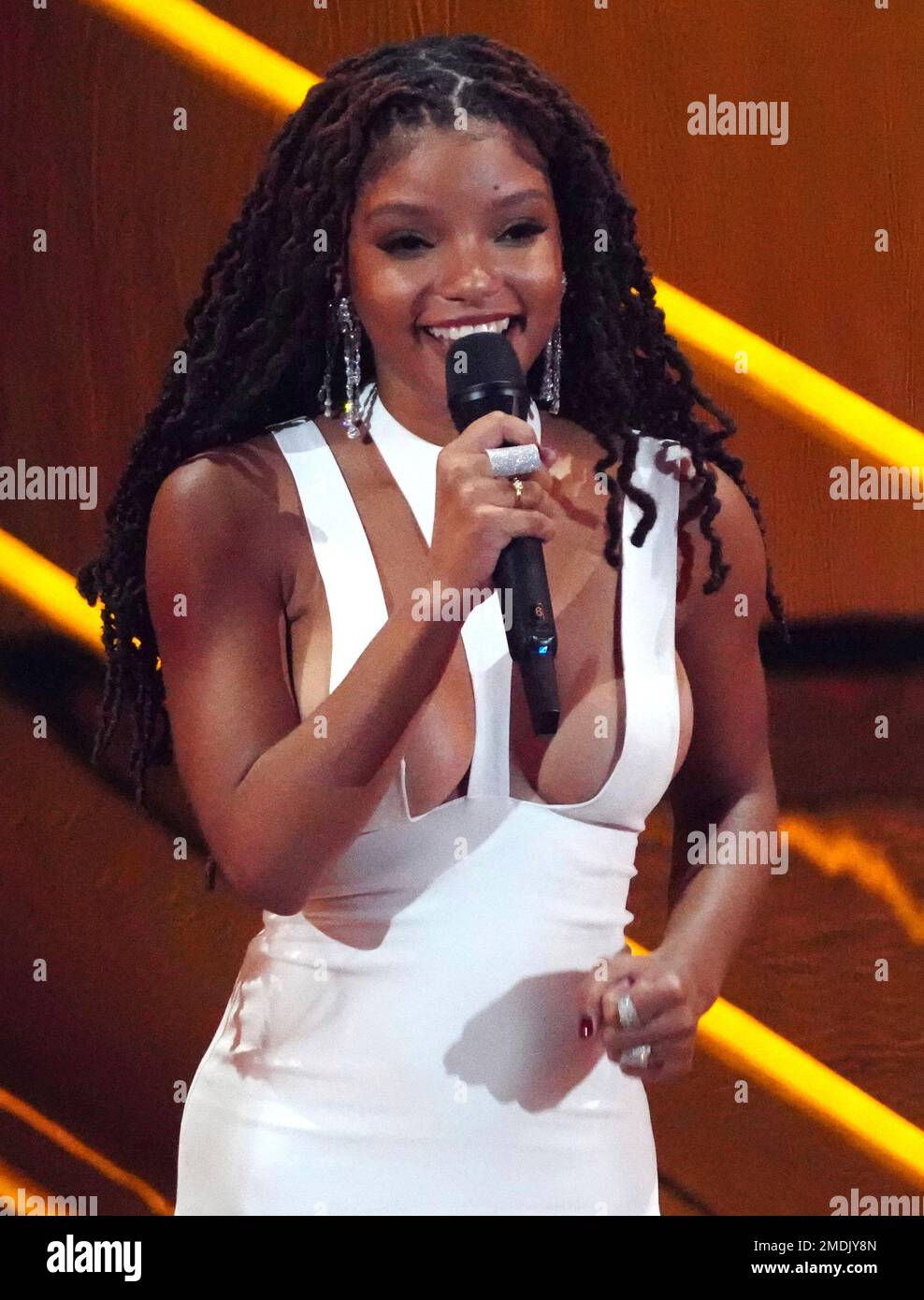 Halle Bailey introduces a performance by her sister, Chloe Bailey, at the MTV Video Music Awards ...