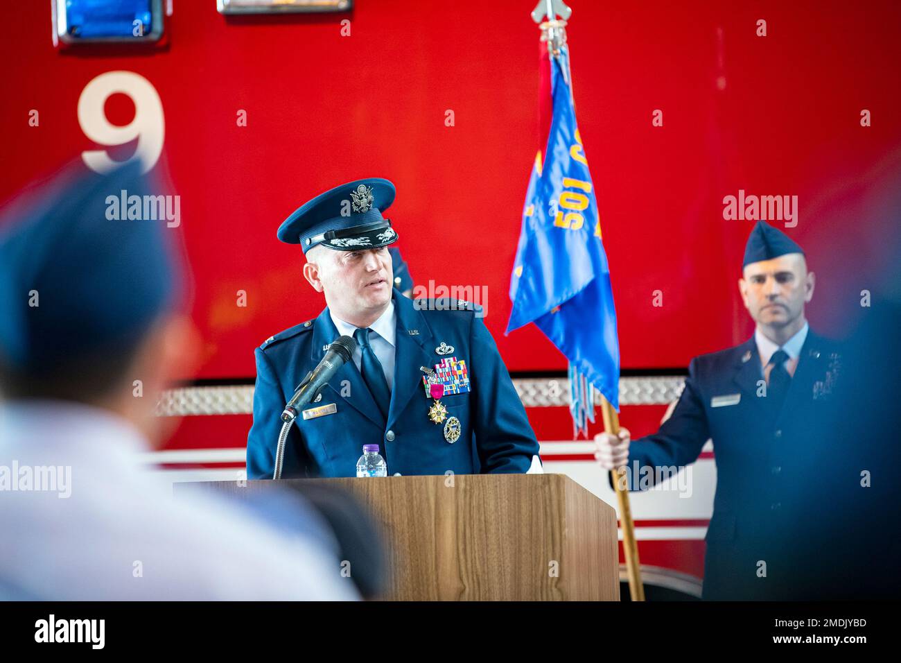 U.S. Air Force Col. Richard Martin, 423d Air Base Group outgoing commander, speaks during a ...