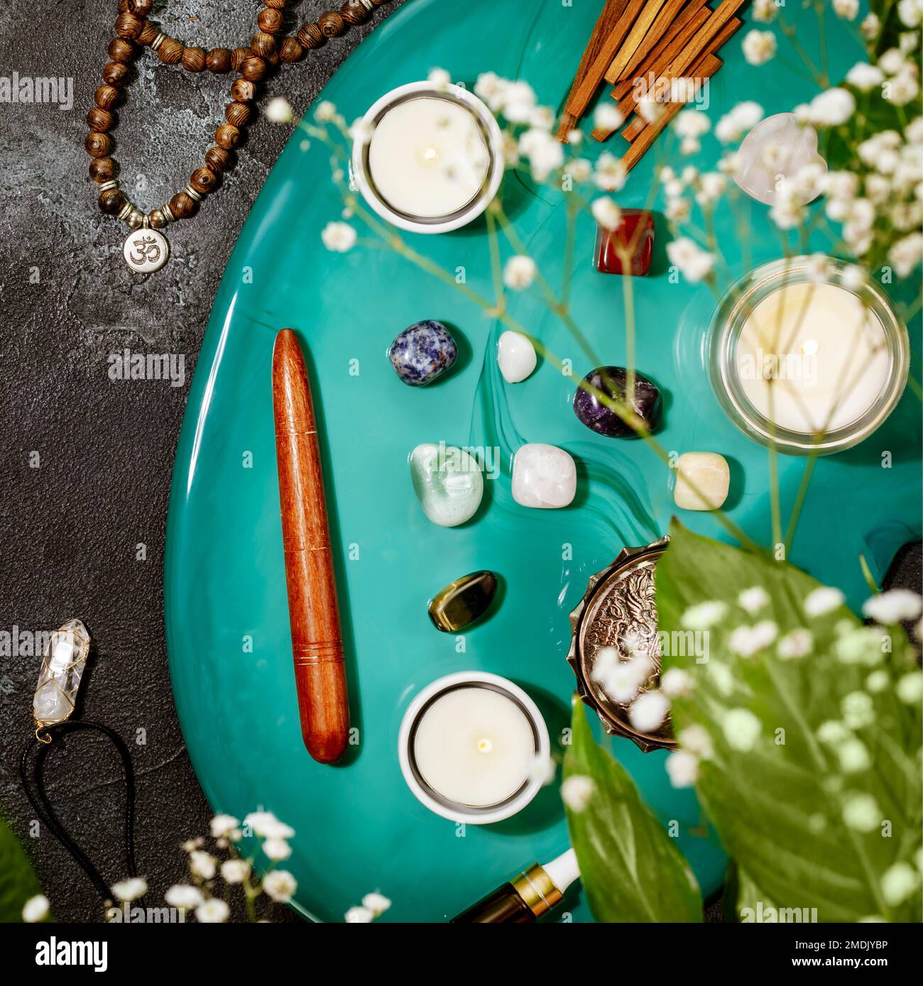 Self-care, healing composition with rosary beads, aroma sticks, chakra ...