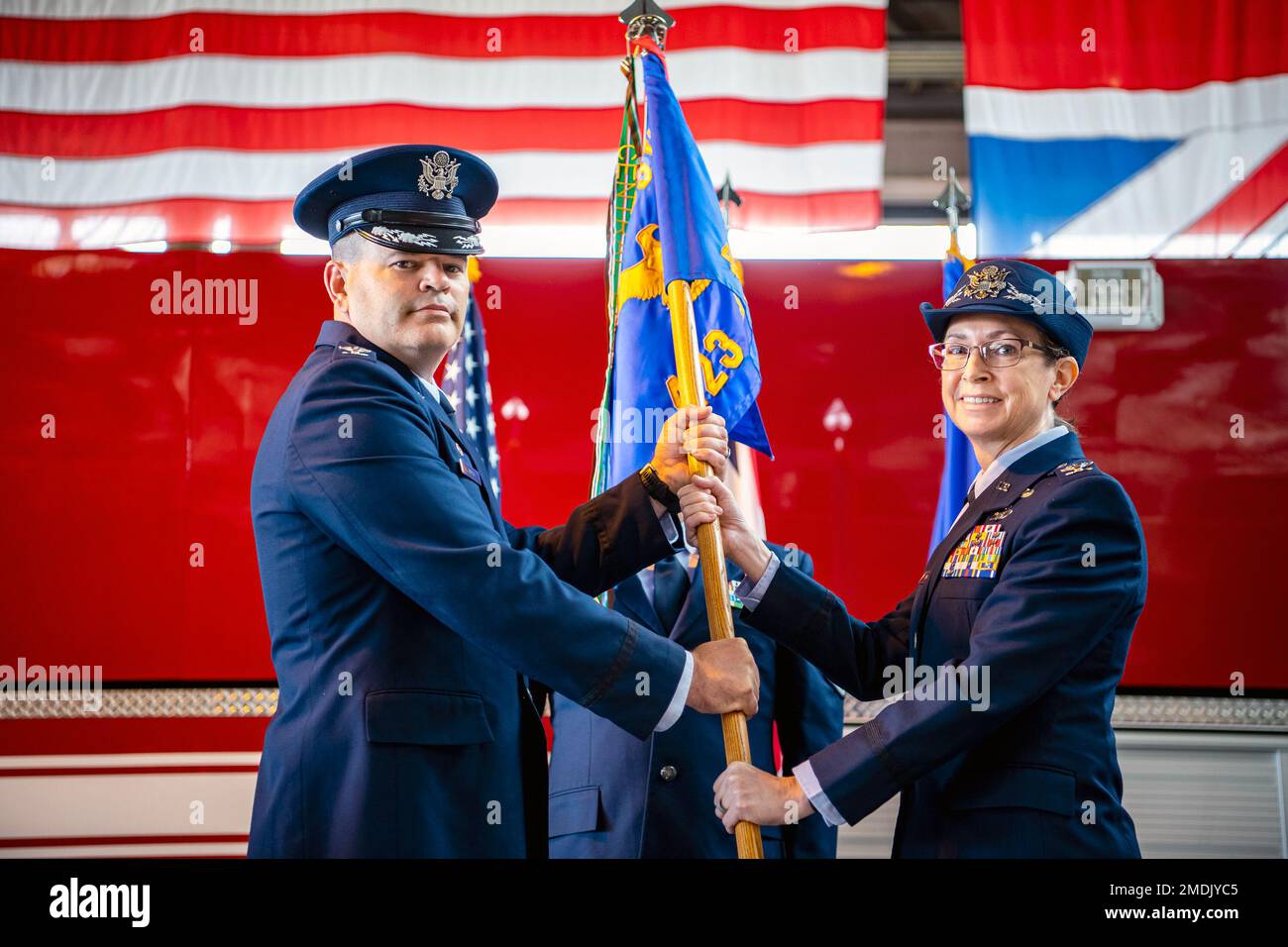 U.S. Air Force Col. Valarie Long, right, 423d Air Base Group incoming commander, receives the ...