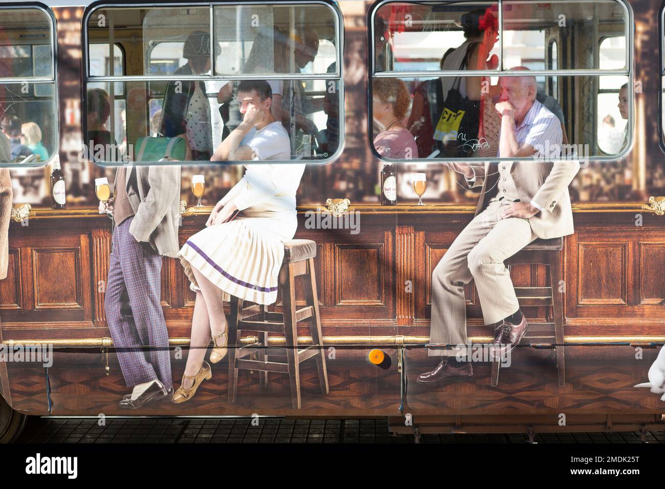 Croatia, Zagreb, fun tram artwork to match where people sit in the tram ...