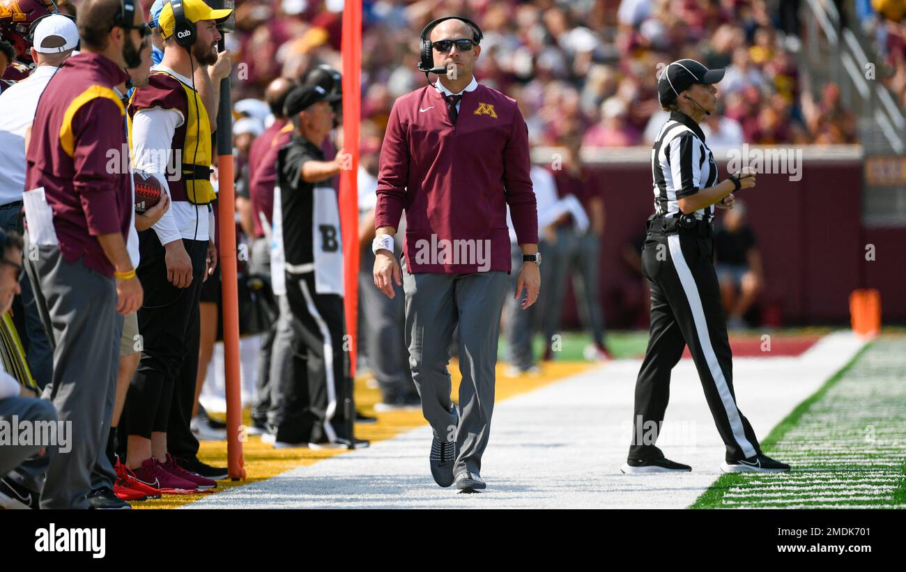 Minnesota head coach P.J. Fleck walks the sideline during their game ...