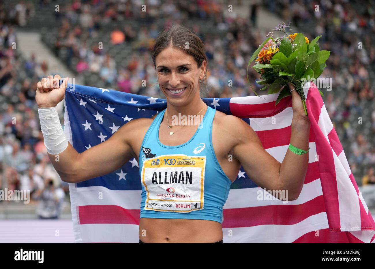 Valarie Allman of the USA smiles after winning in the women's discus ...