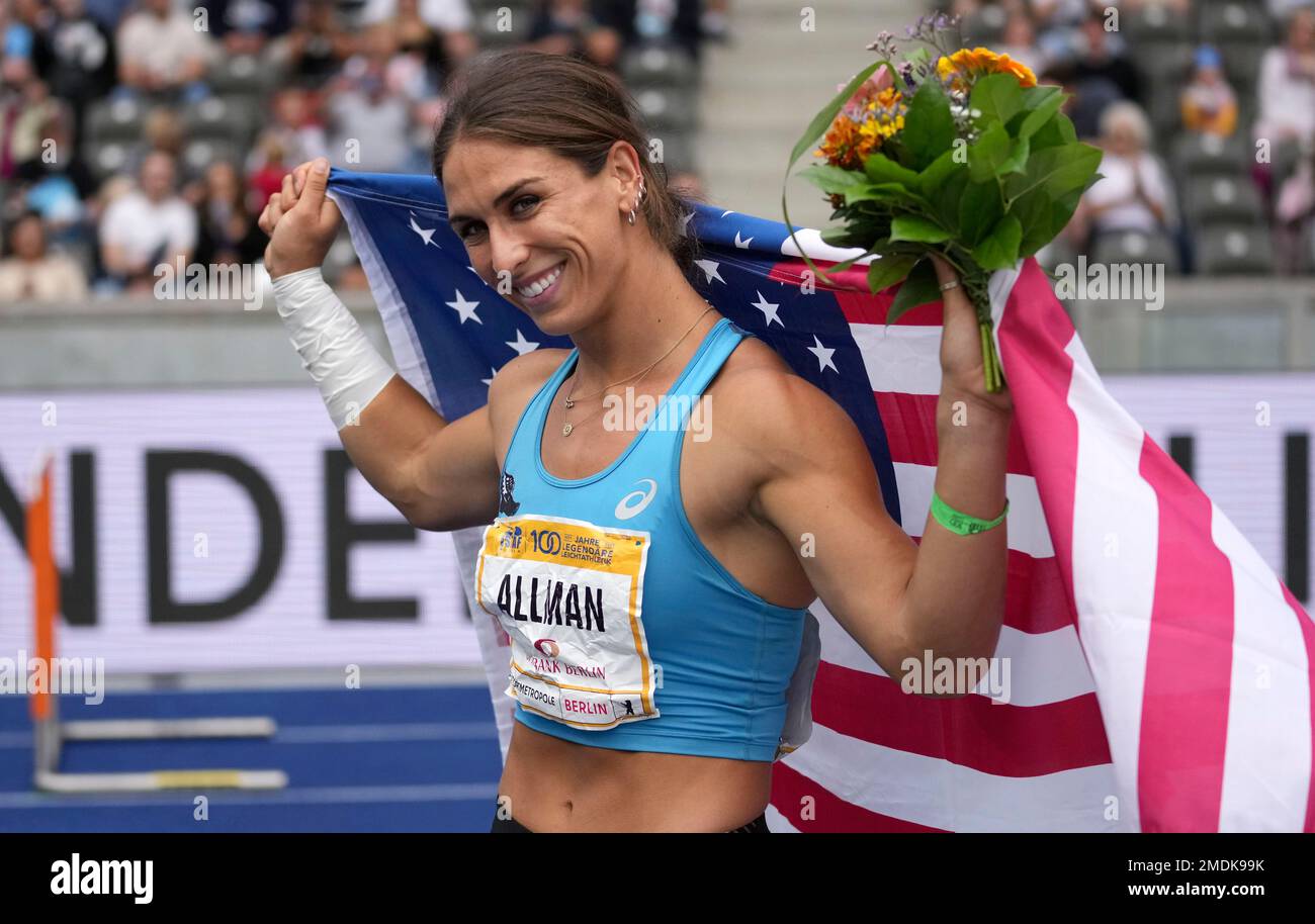 Valarie Allman of the USA smiles after winning in the women's discus ...