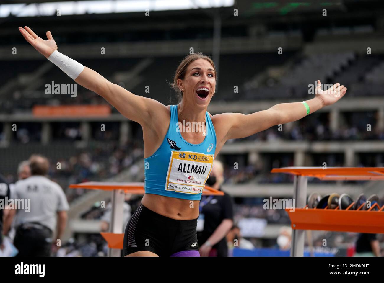 Valarie Allman of the USA reacts while competing in the women's discus ...