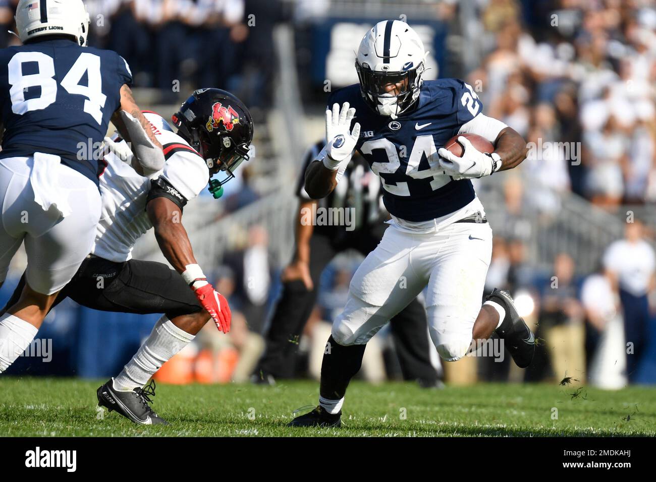 Penn State running back Keyvone Lee (24) looks to stiff arm Ball State ...