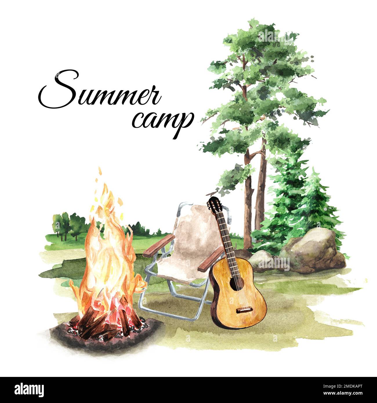 Camping concept, Hand drawn watercolor illustration, isolated on white ...