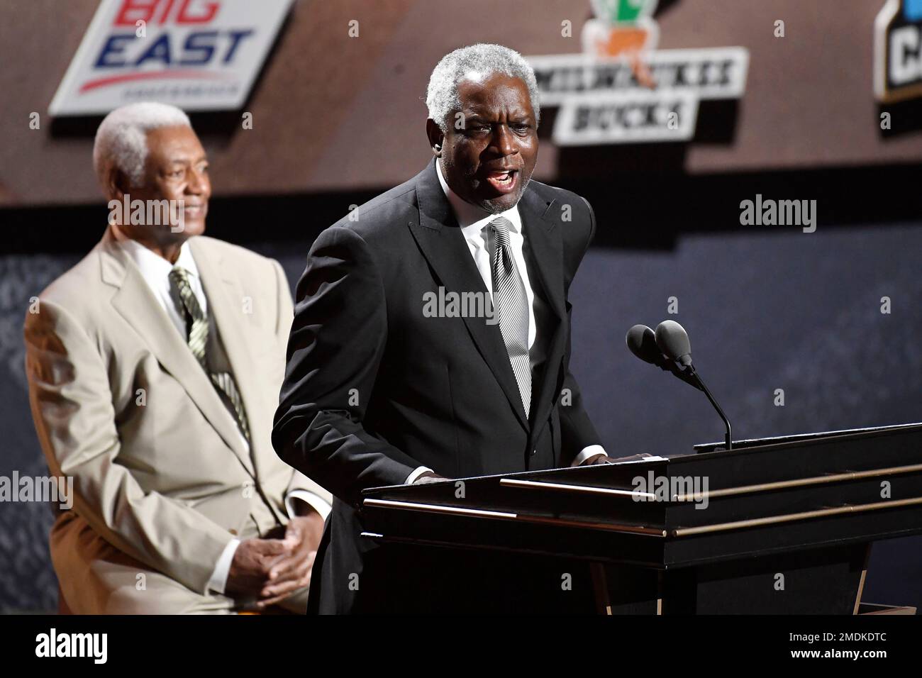 Inductee Bob Dandridge speaks during the 2021 Basketball Hall of Fame Enshrinement ceremony ...