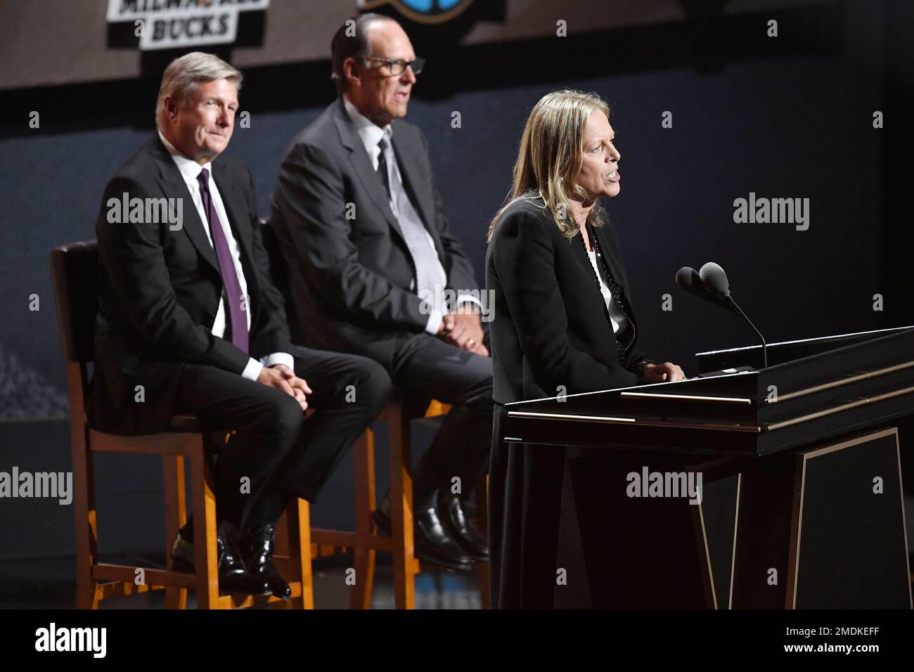 Inductee Val Ackerman, speaks as presenters Rick Welts, left, and Russ ...
