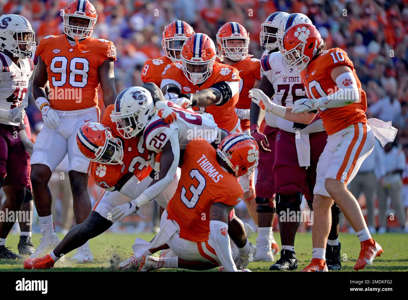 South Carolina State running back Kendrell Flowers (26) is tackled in ...