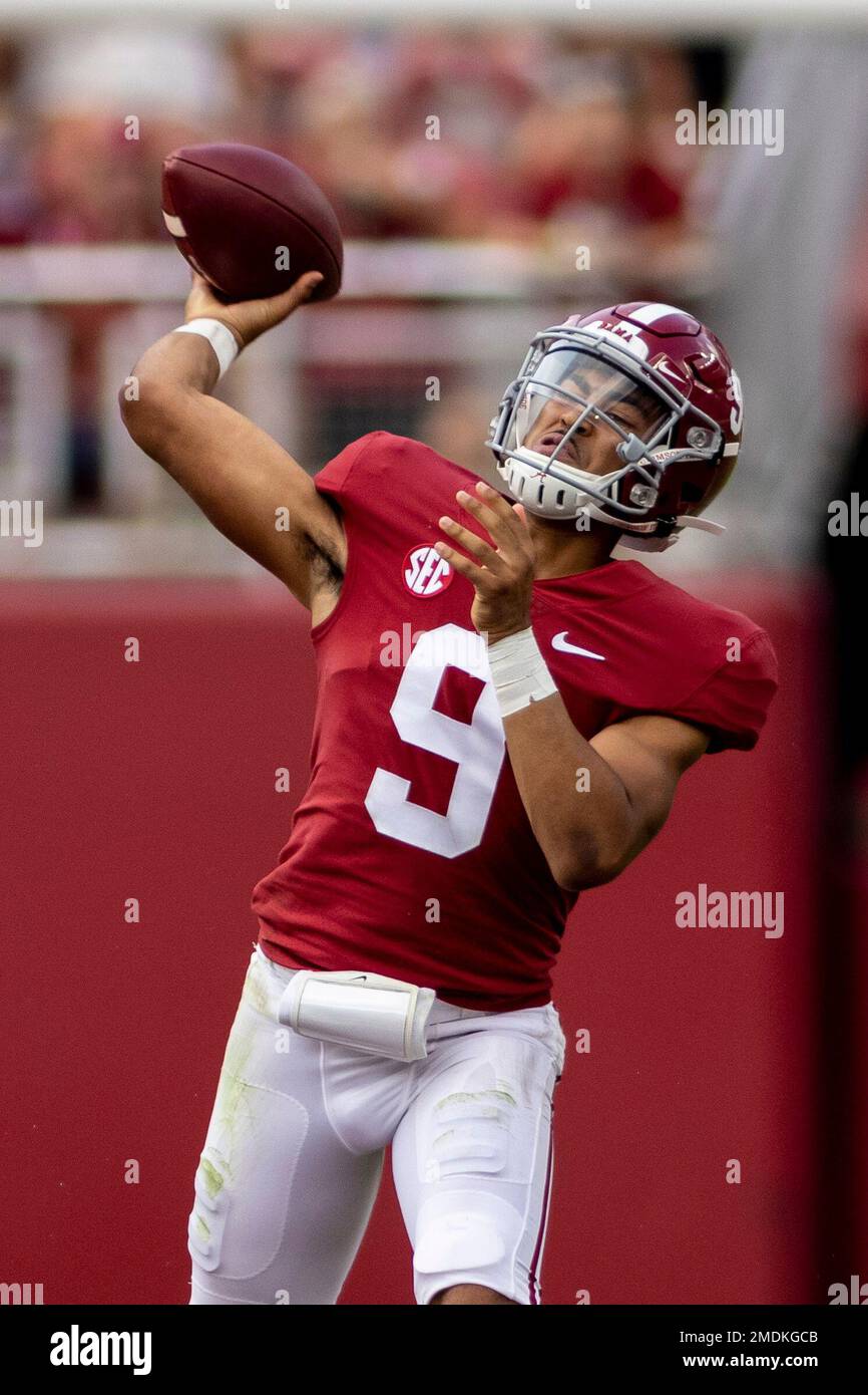Alabama quarterback Bryce Young (9) throws long against Mercer during ...