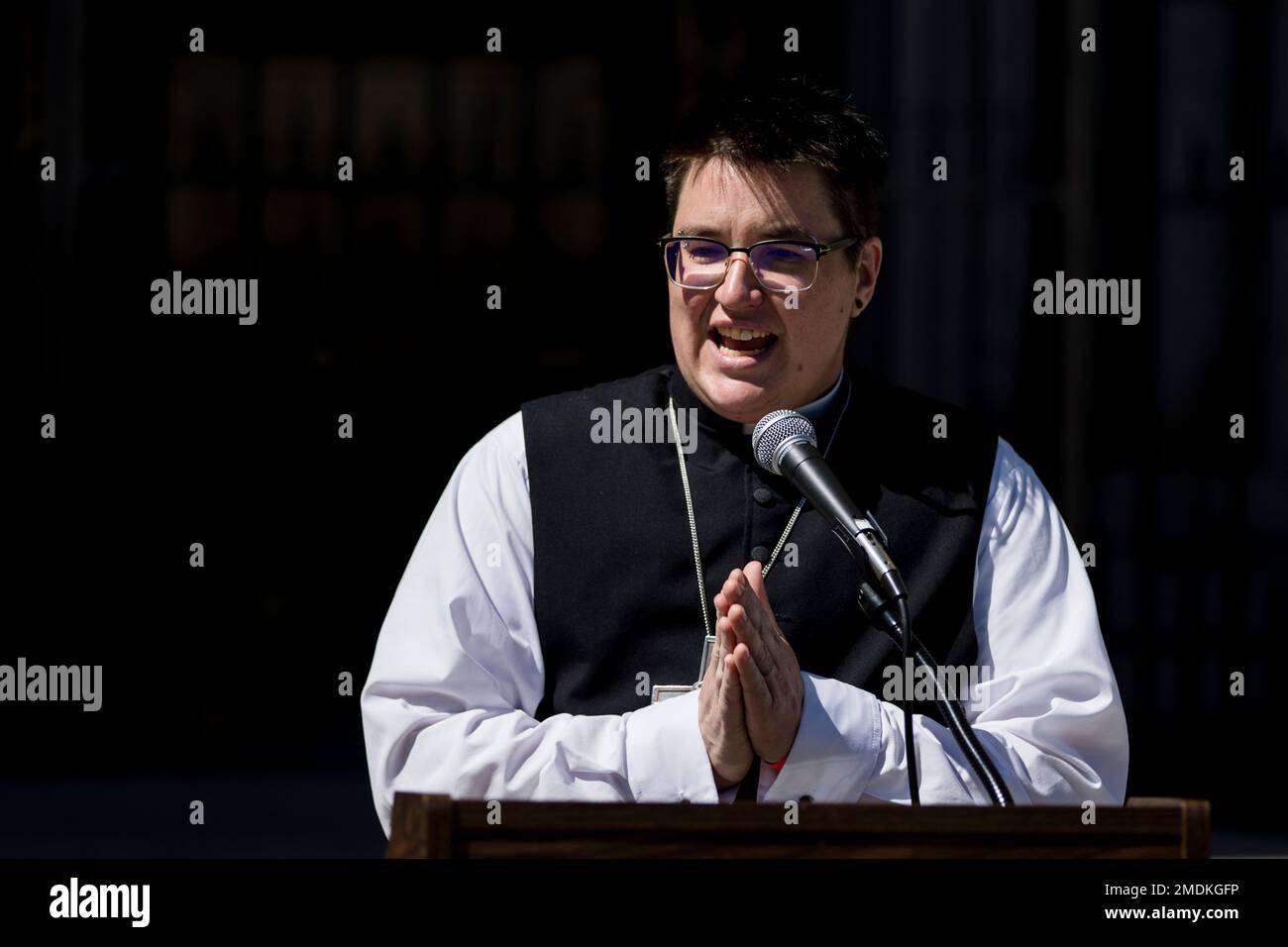 Bishop Megan Rohrer speaks to the press before their installation ...