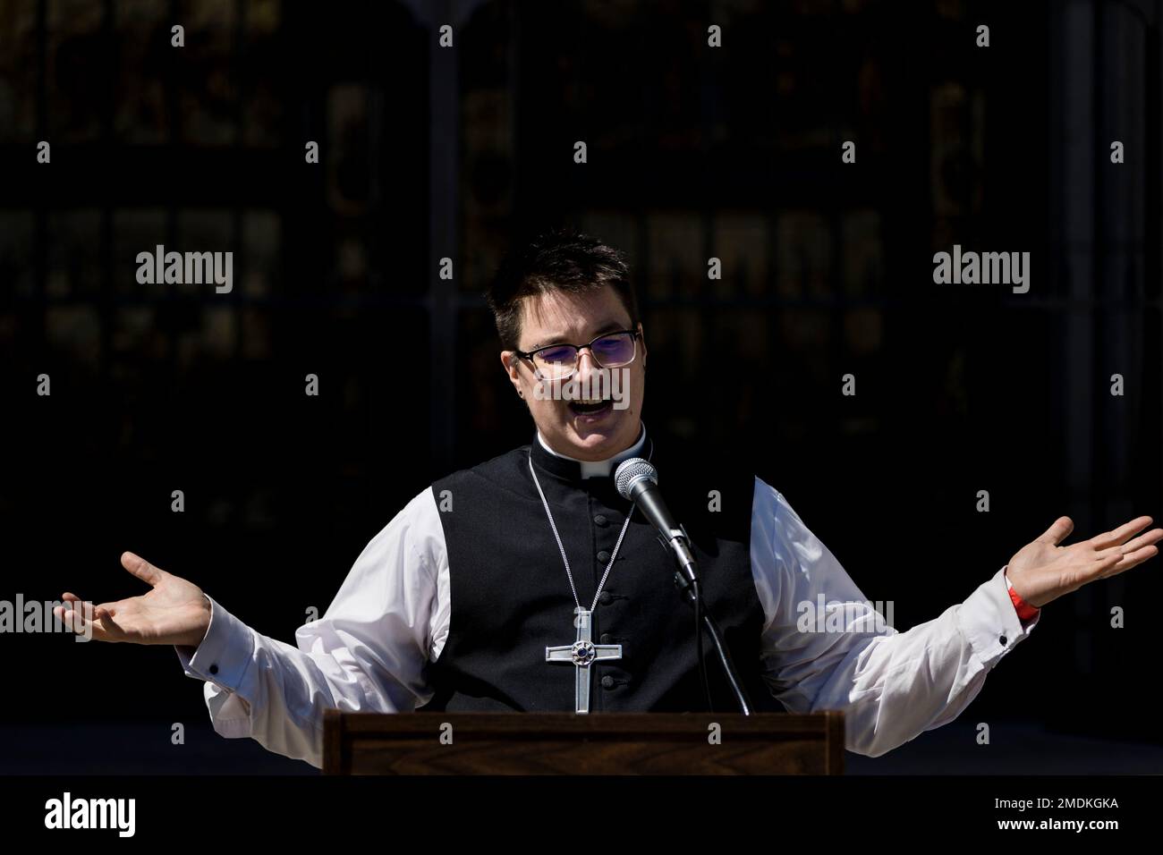 Bishop Megan Rohrer speaks to the press before their installation ...
