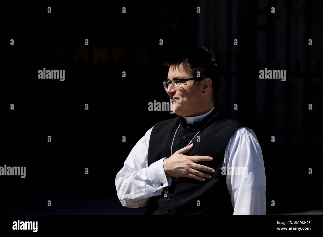 Bishop Megan Rohrer speaks to the press before the installation ...