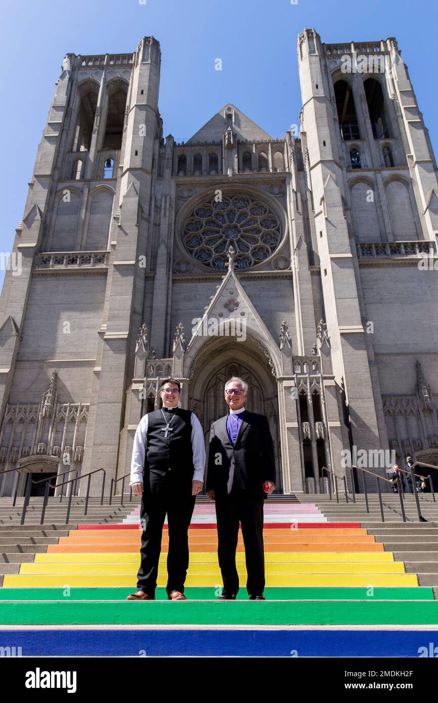 Bishop Megan Rohrer, left, and Bishop Marc Andrus stand on the rainbow ...