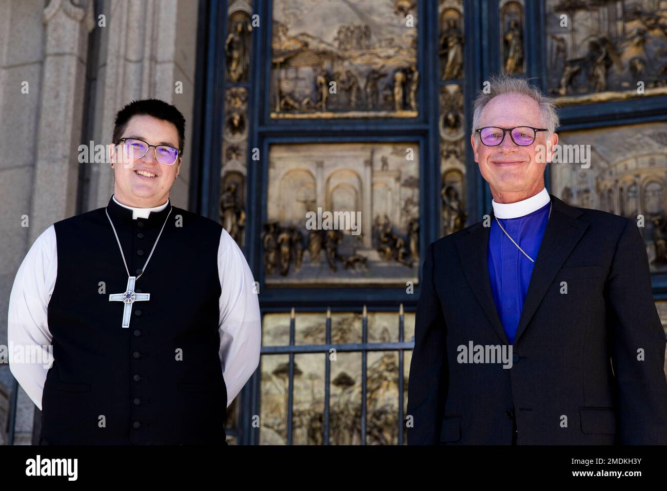 Bishops Megan Rohrer, left, and Marc Andrus pose for the media before ...