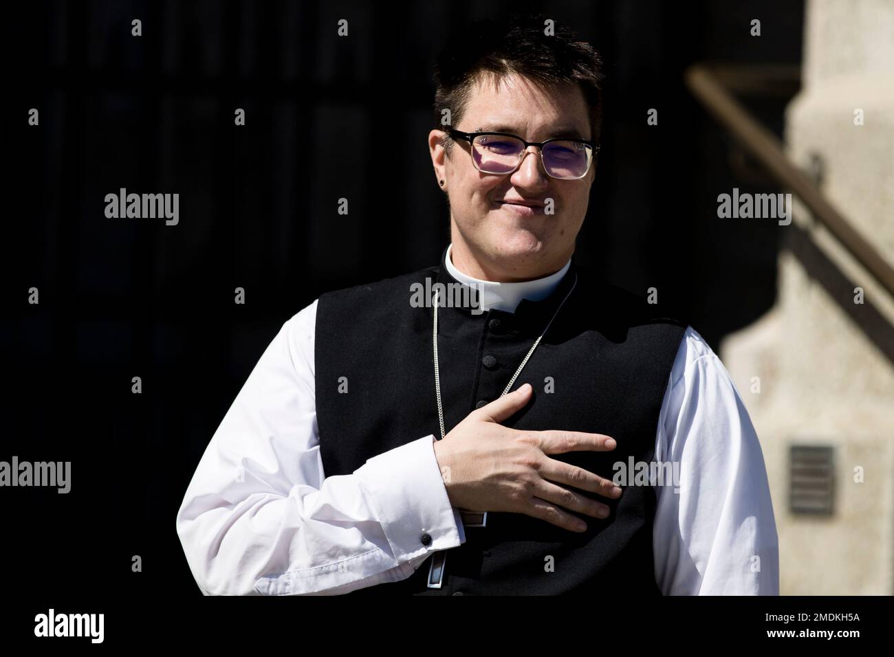 Bishop Megan Rohrer speaks to the press before their installation ...