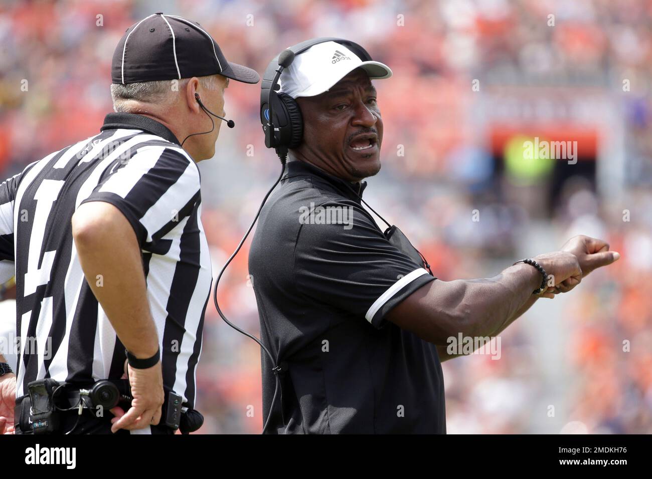 Alabama State head coach Donald Hill-Eley talks with an official during ...