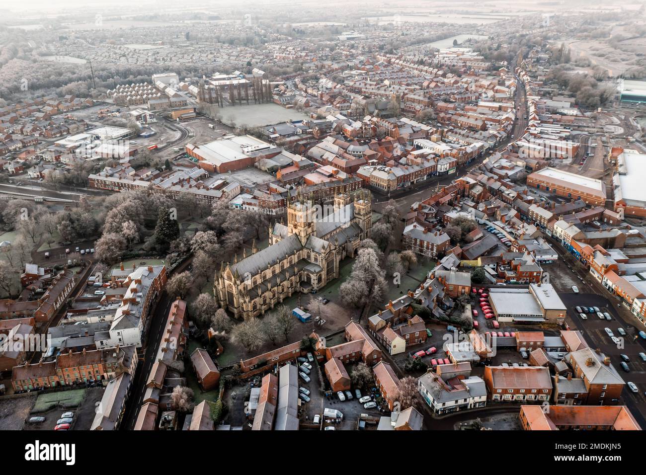 An aerial map style view of the market town of Selby on a foggy Winter ...